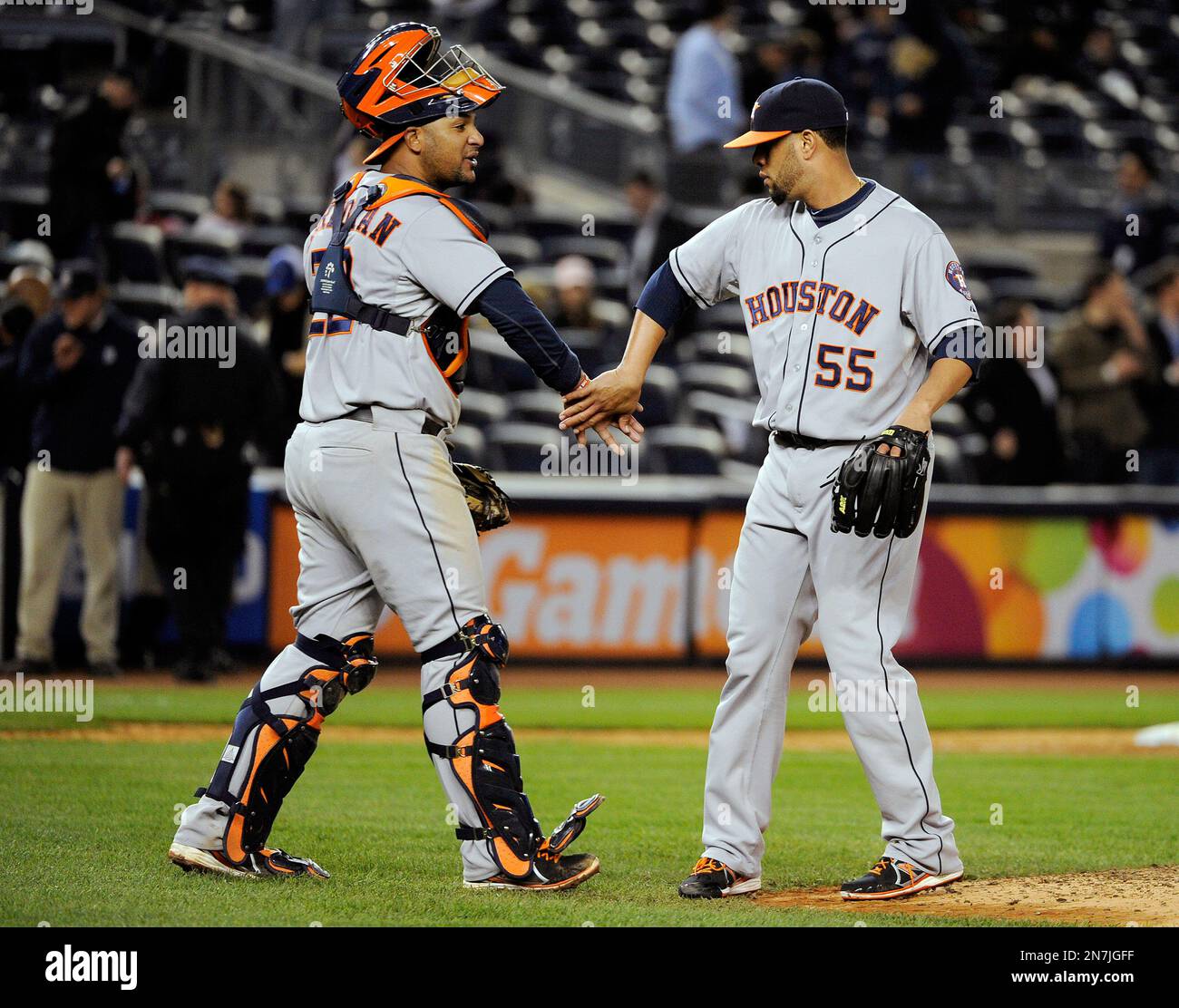 Houston Astros pitcher Rhiner Cruz, right, celebrates with catcher ...