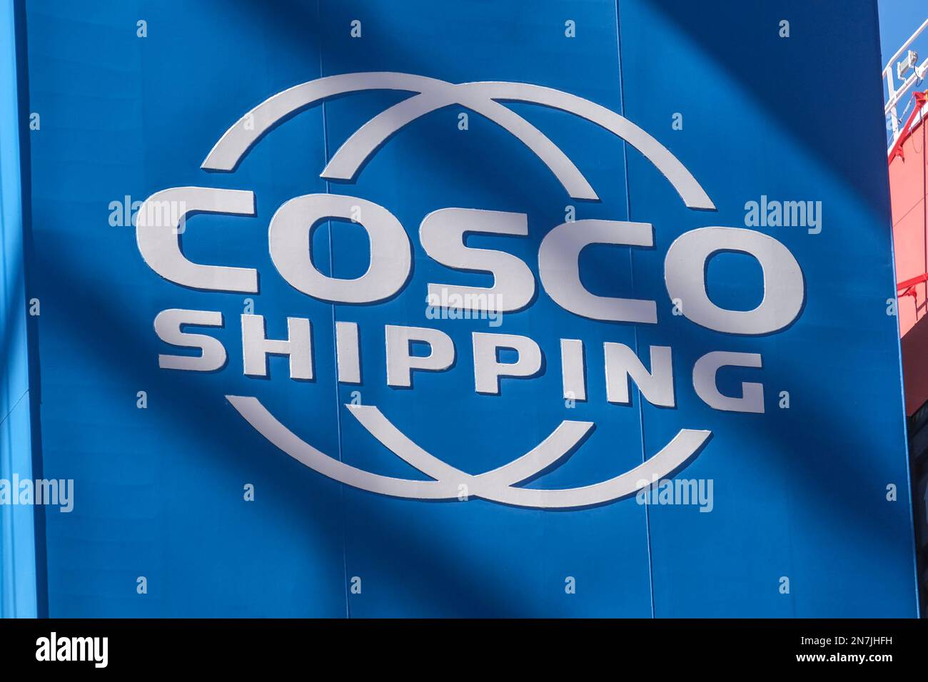 Los Angeles, United States. 09th Feb, 2023. A COSCO Shipping logo is ...