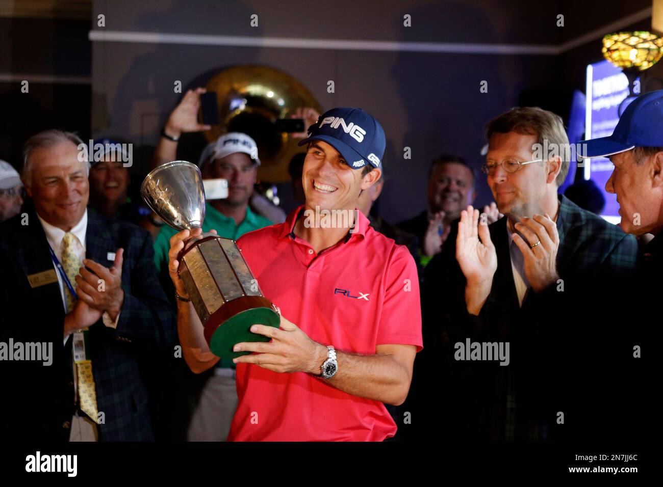 Billy Horschel holds his tournament trophy after winning the PGA Zurich ...