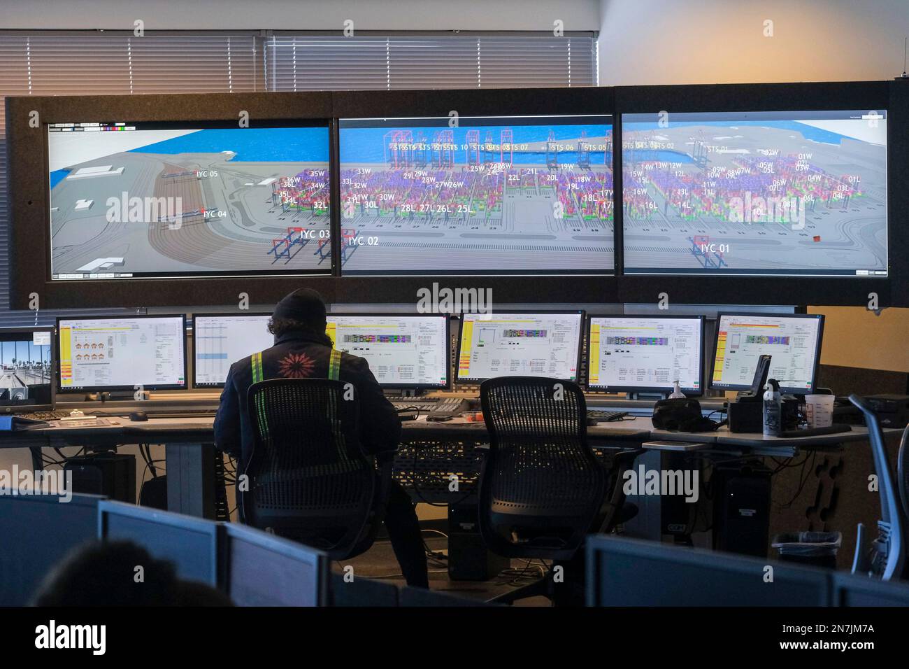 The Long Beach Container Terminal (LBCT) is shown on screens at a ...