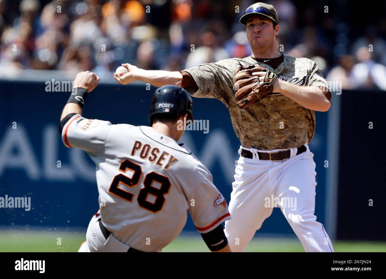 San Diego Padres second baseman Jedd Gyorko fires a relay throw over ...