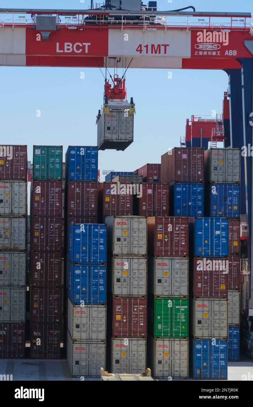 Shipping containers are stacked at the Long Beach Container Terminal ...