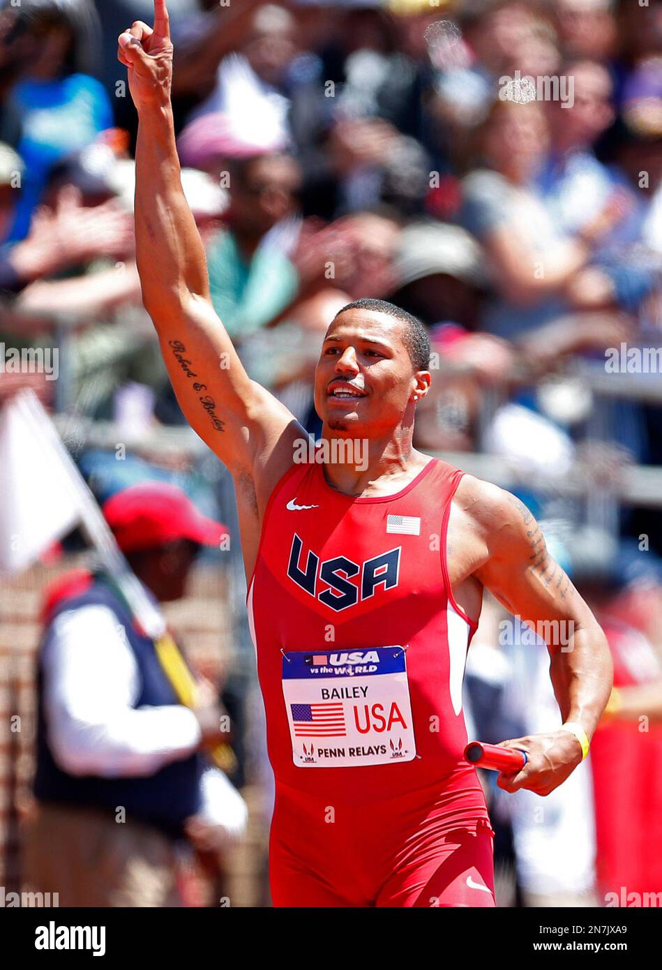 Ryan Bailey of USA Red, reacts after running the anchor leg of the men ...