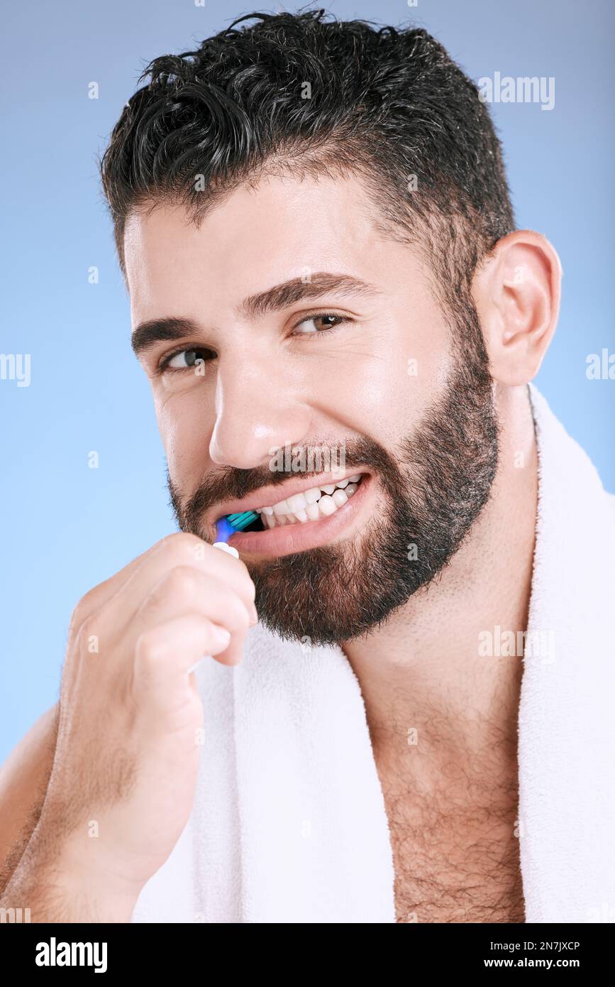 Brushing teeth, man and studio portrait of toothbrush for dental ...
