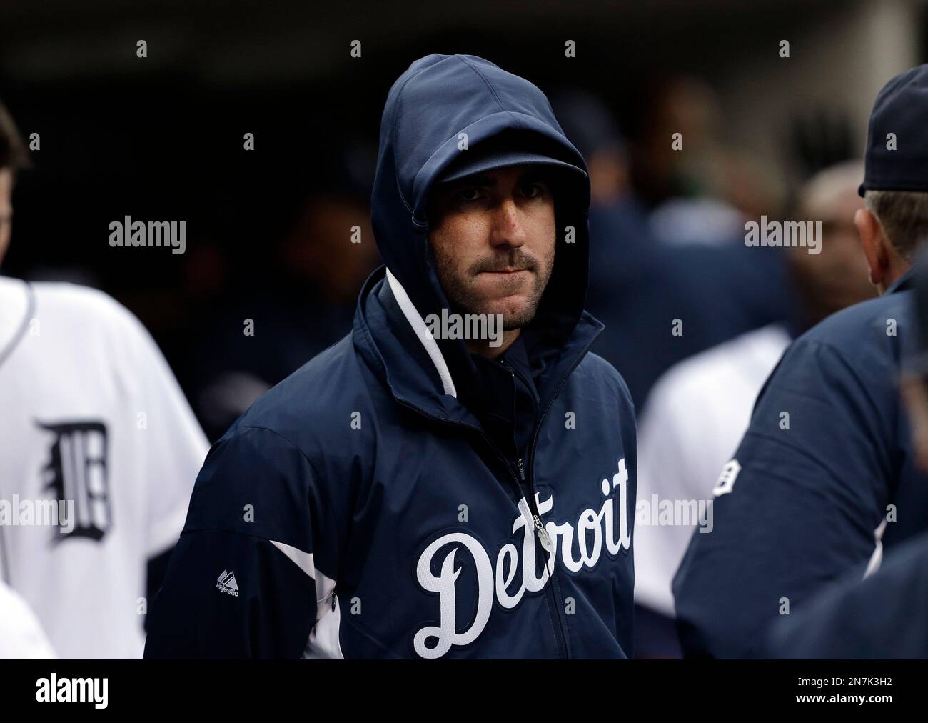 Detroit Tigers pitcher Justin Verlander watches from the dugout against ...