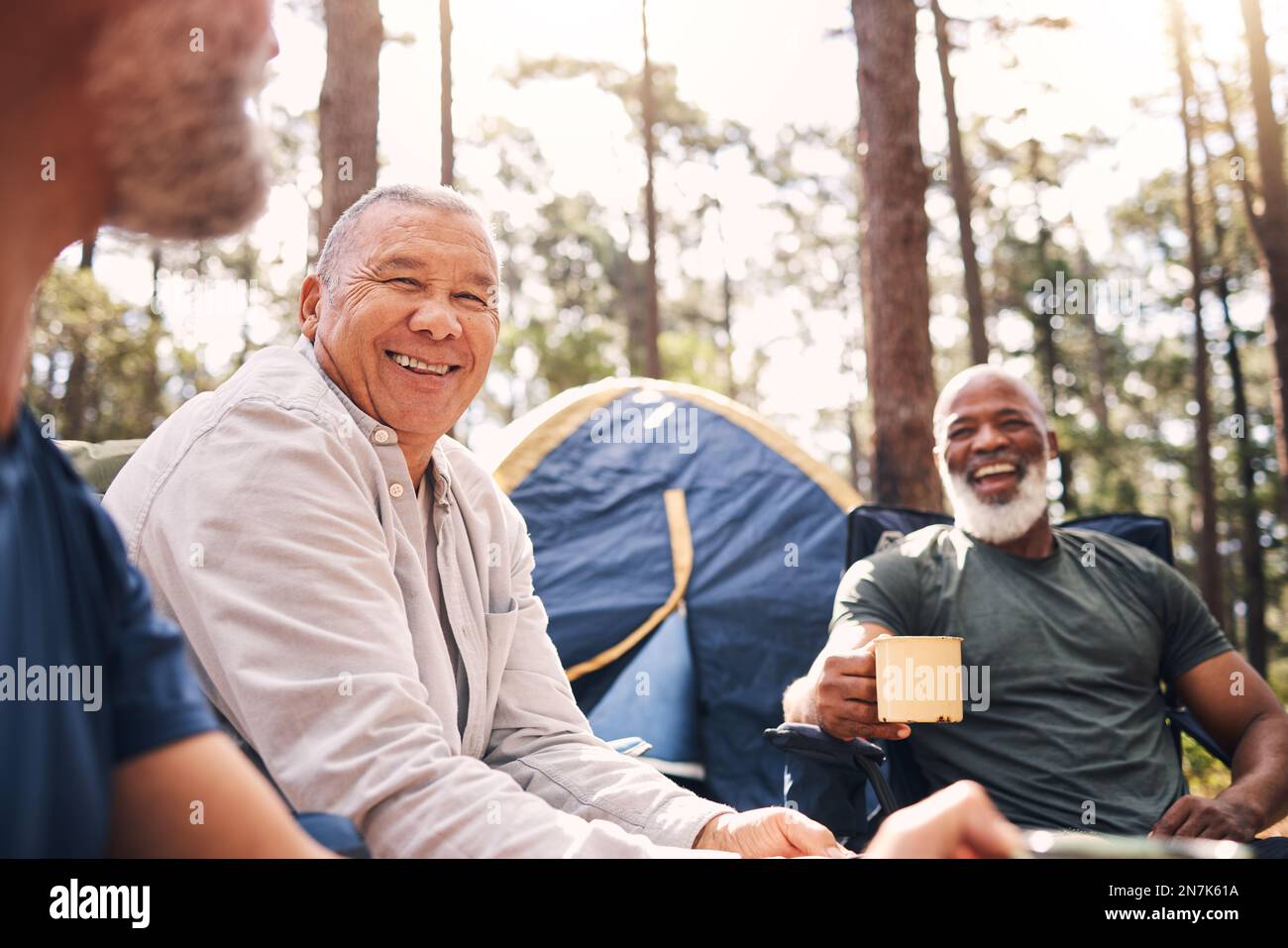 Camping, trekking and senior men in the mountains for retirement travel ...