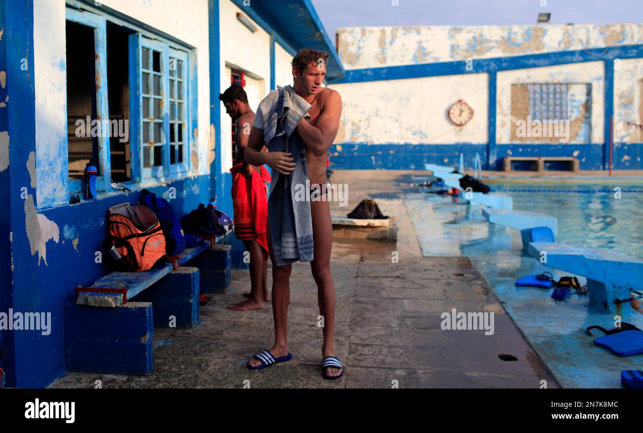 In this April 16, 2013 photo, Hanser Garcia, 24, Cuban Olympic swimming ...
