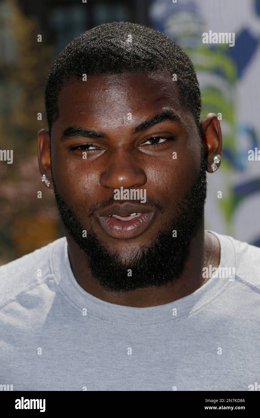 NFL draft prospect Shariff Floyd of Florida is interviewed during a ...