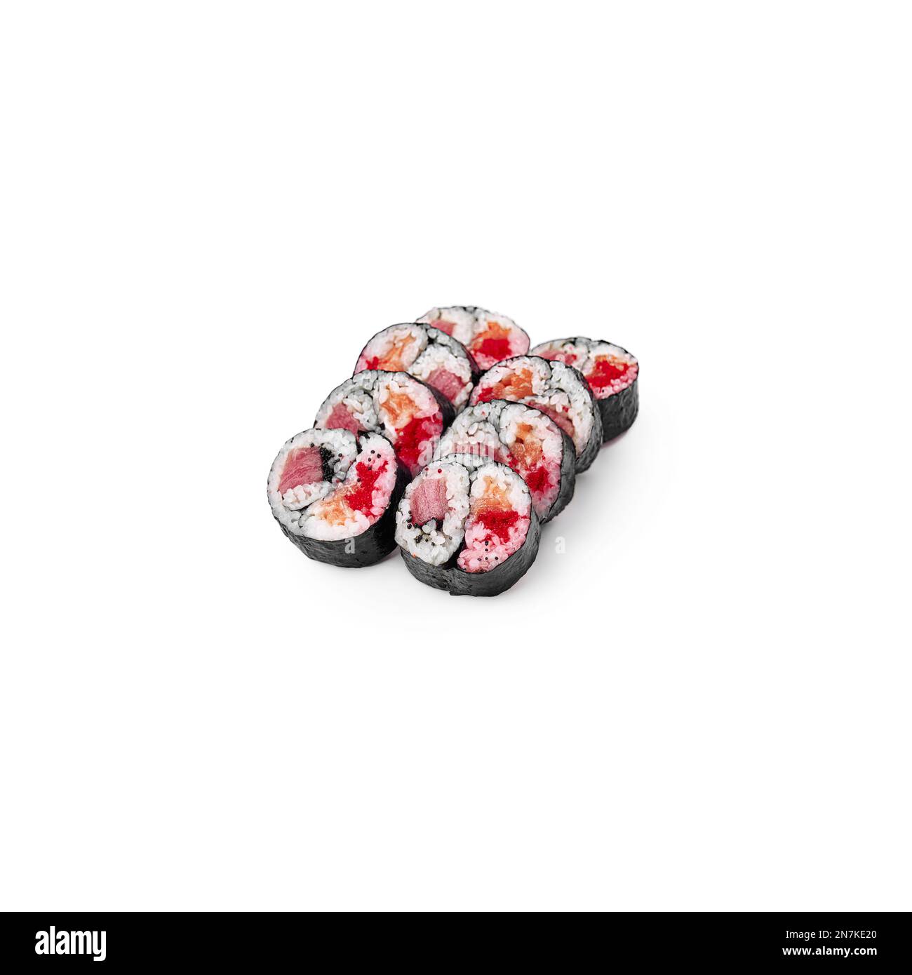 The set of 8 sushi rolls In-Yan Roll on a white background is isolated ...