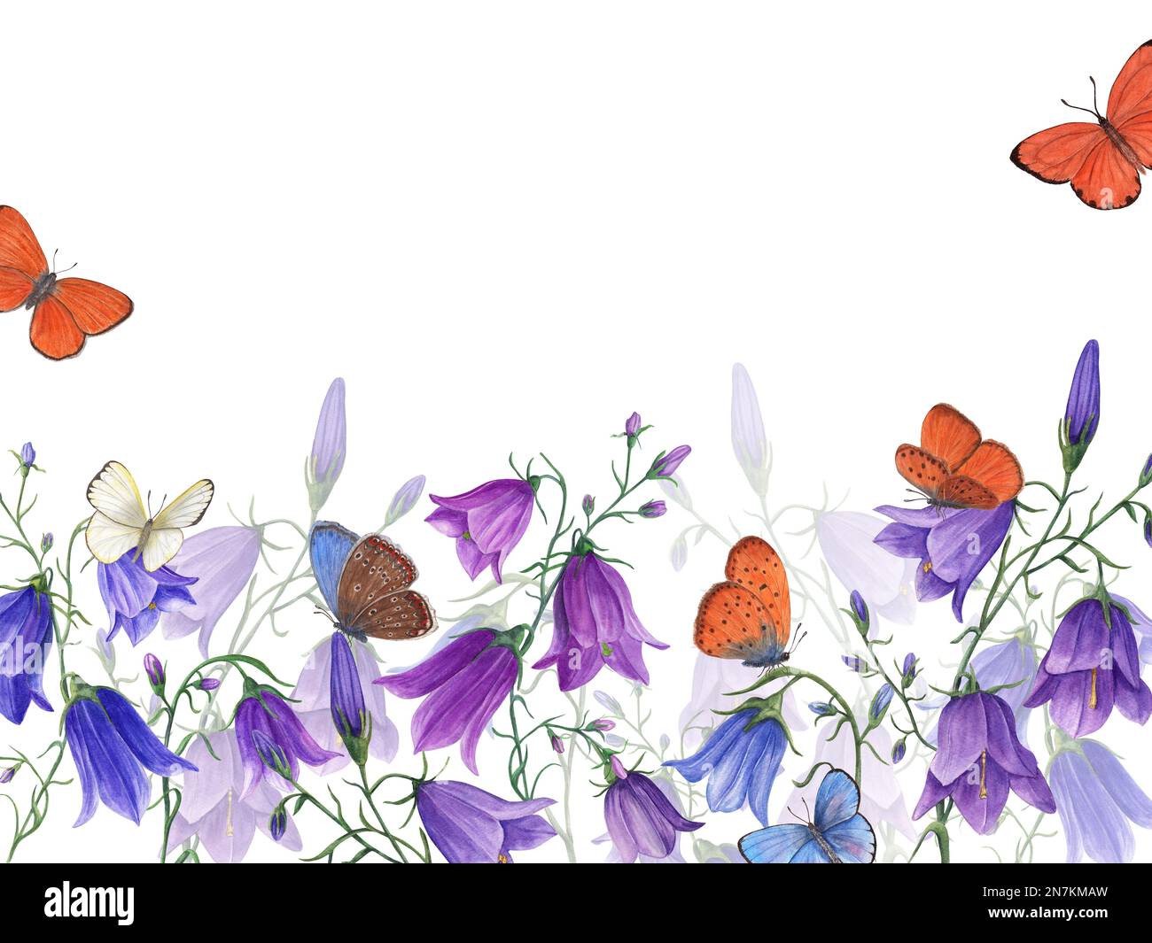 Watercol floral horizontal border with bells and flying butterflies ...