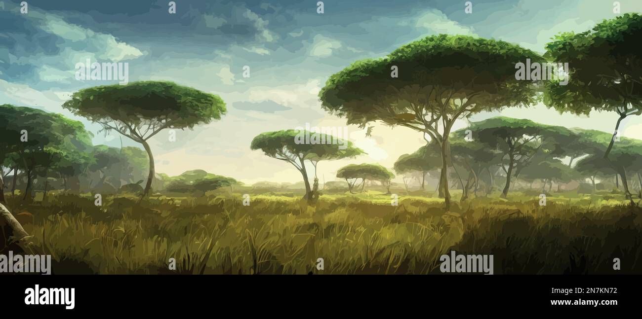 Wild savanna landscape. Savannah, African wild nature with acacia trees ...