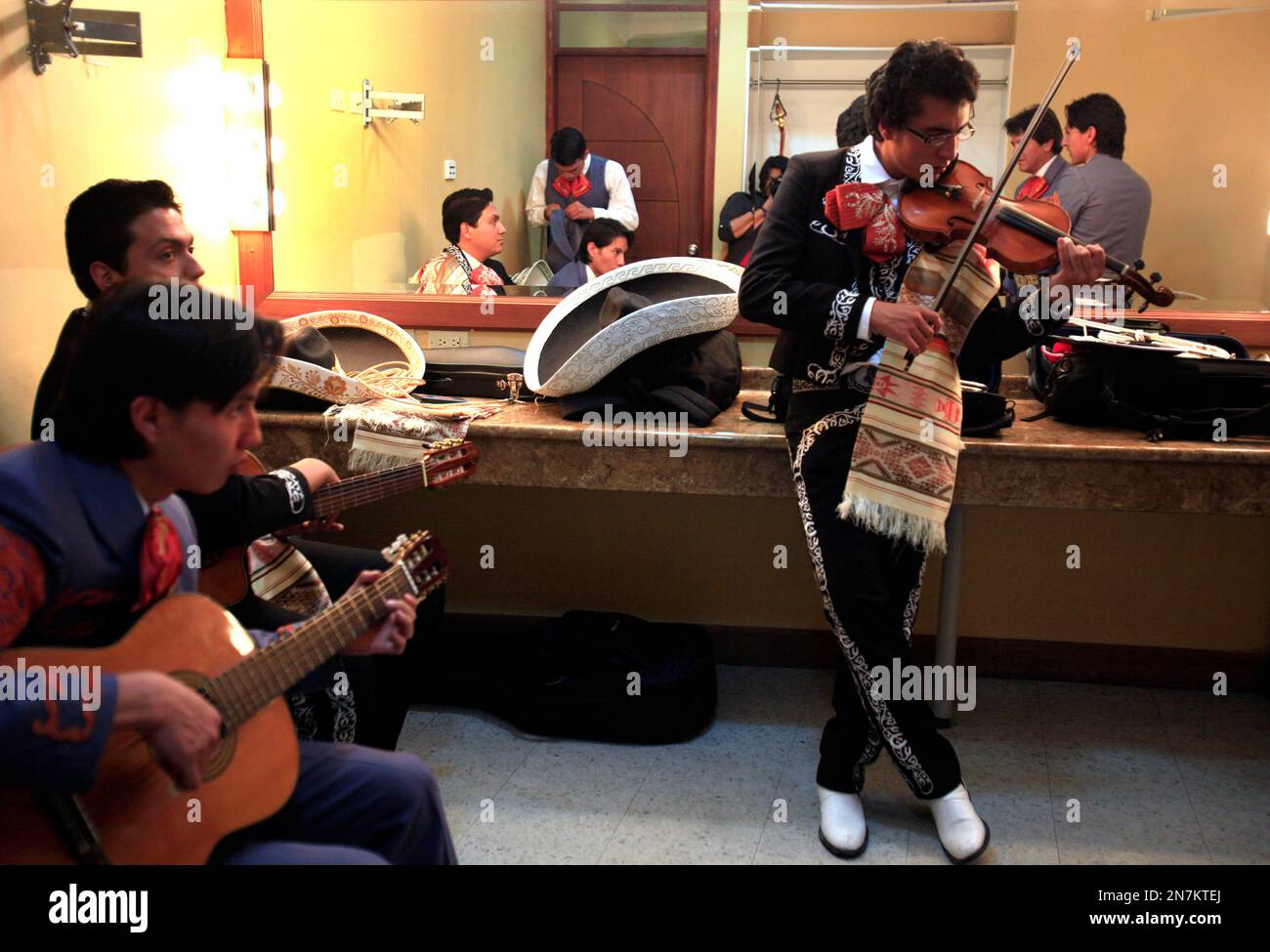 In this April 13, 2013 photo, Mariachis rehearse in a Mexico Theater ...