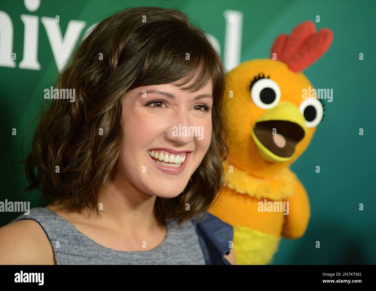 Kelly Vrooman, left, and Chica the Chicken of "The Chica Show" arrive ...