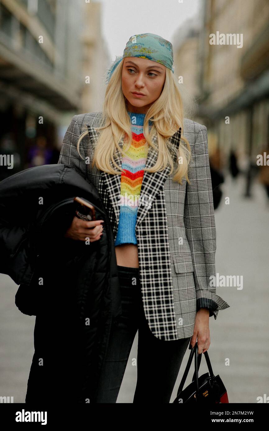 Street style, model Anna-Sophia Evers after Patou Fall Winter 2023 show, held at La Samaritaine ...