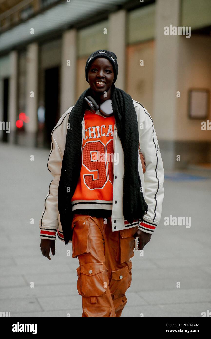 Street style, model Akuol Deng Atem after Patou Fall Winter 2023 show ...