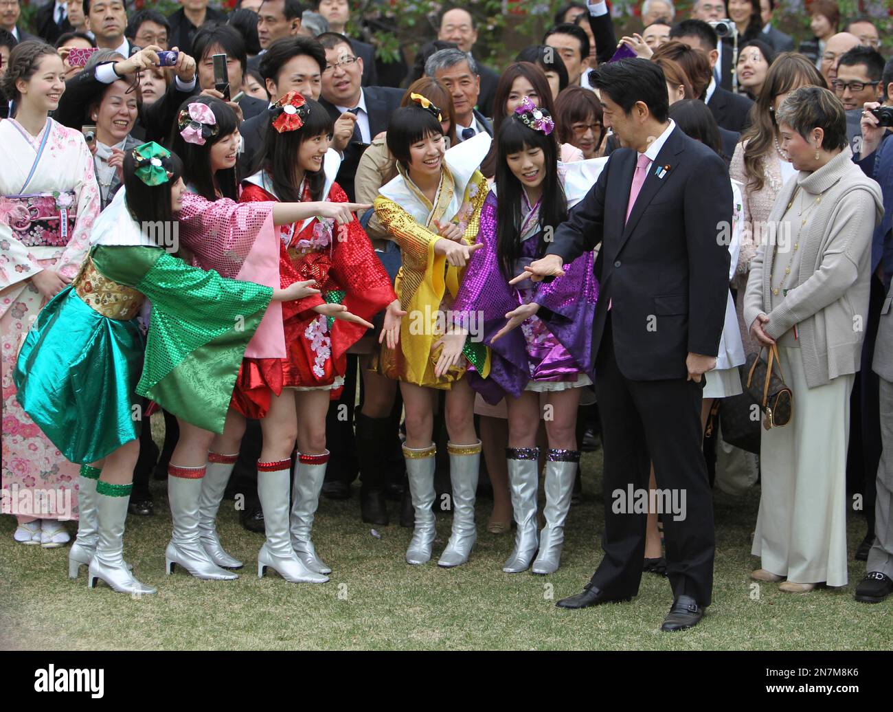 Japan's Prime Minister Shinzo Abe, second right, has a light moment ...
