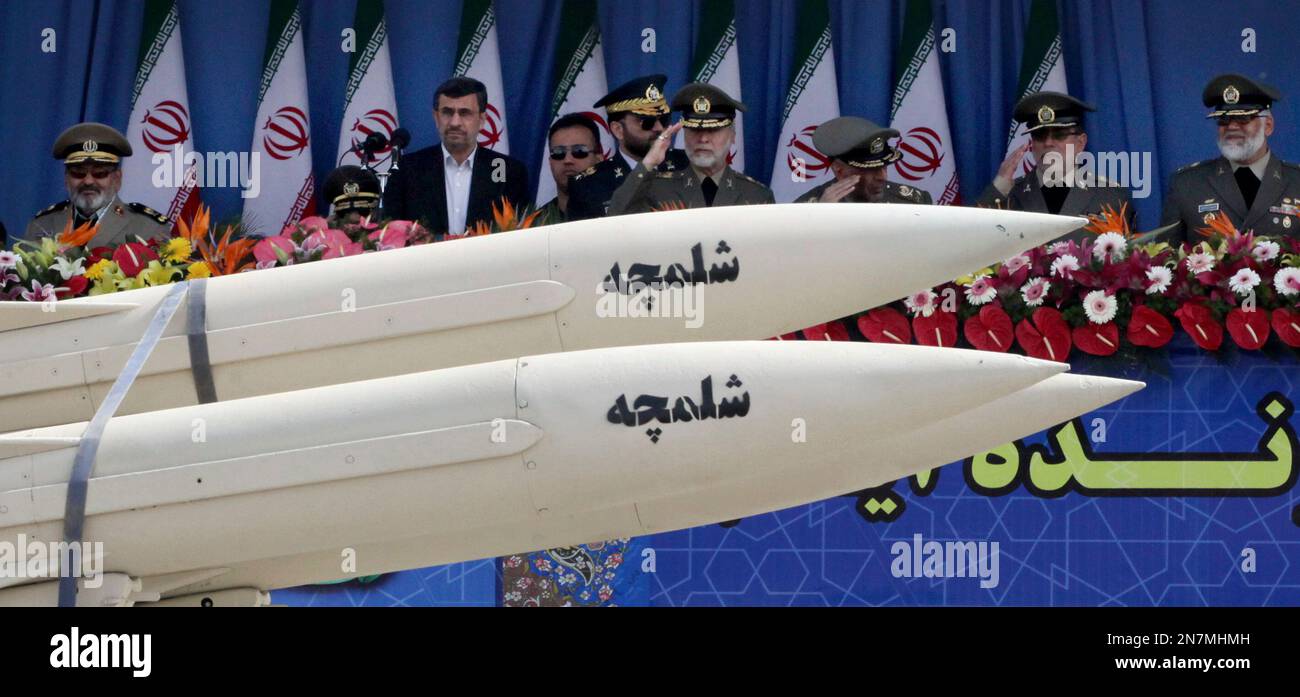 Shalamcheh missiles are displayed by the Iranian army, as President ...