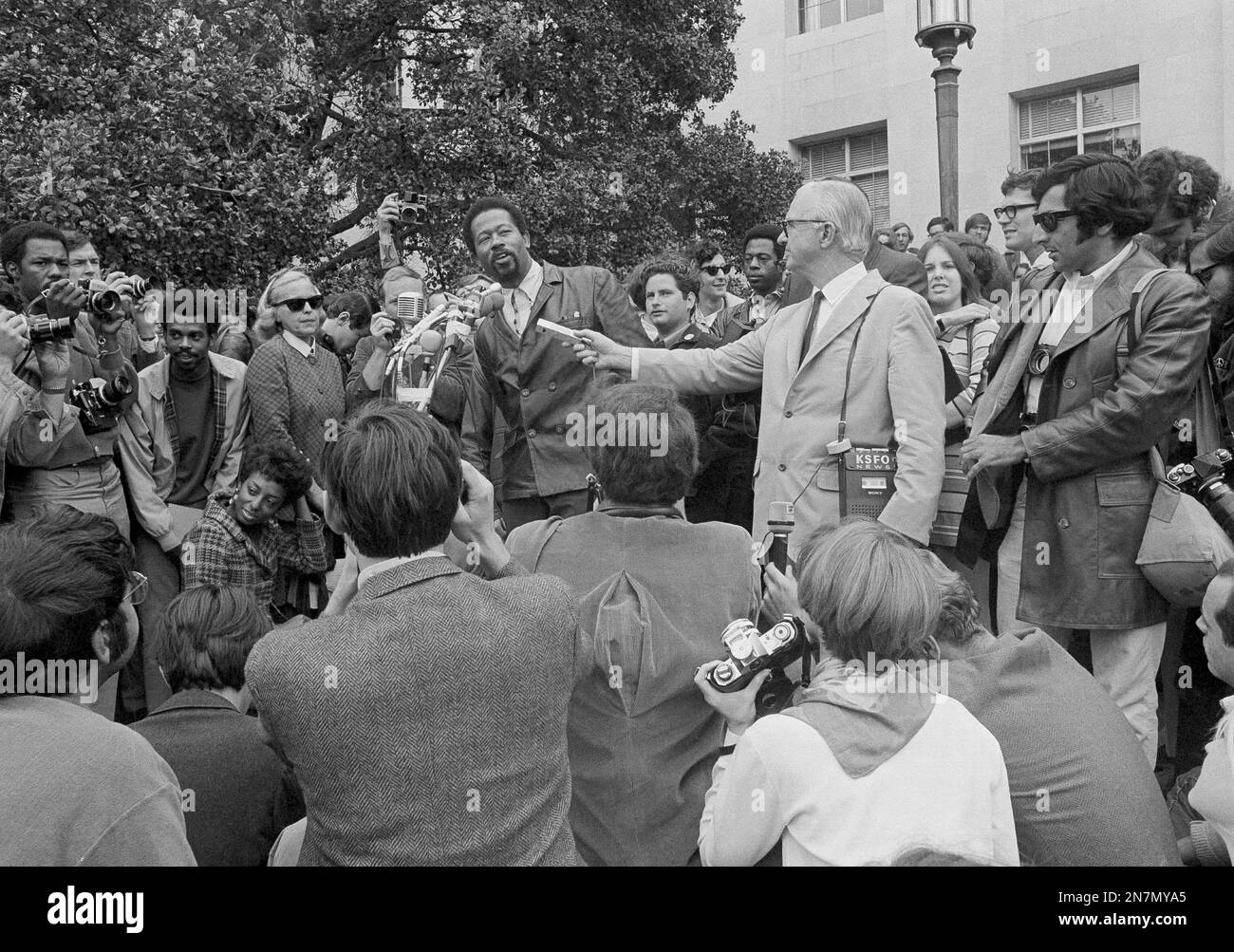 Eldridge Cleaver, leader of the Black Panther party, is shown speaking ...