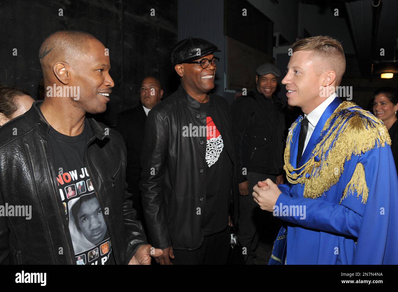 From left, Jamie Foxx, Samuel L. Jackson and Macklemore attend the MTV ...