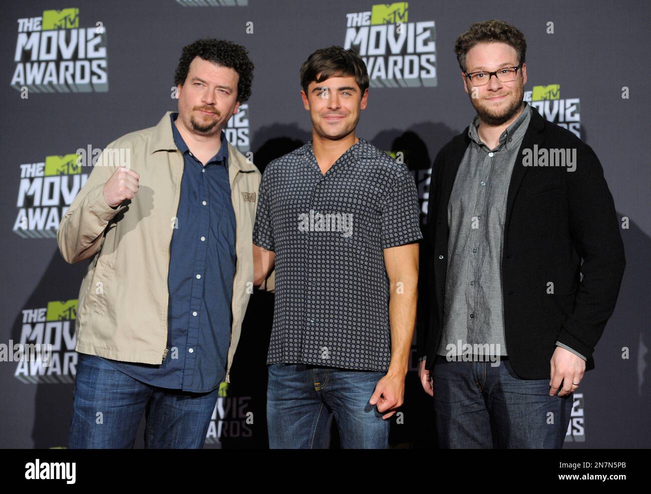 Danny McBride, Zac Efron and Seth Rogen pose backstage at the MTV Movie ...