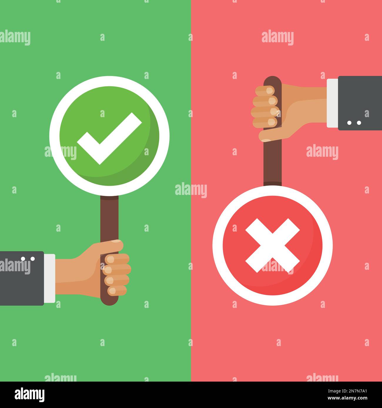 Hands hold signboard icon in flat style. Right and wrong feedback ...