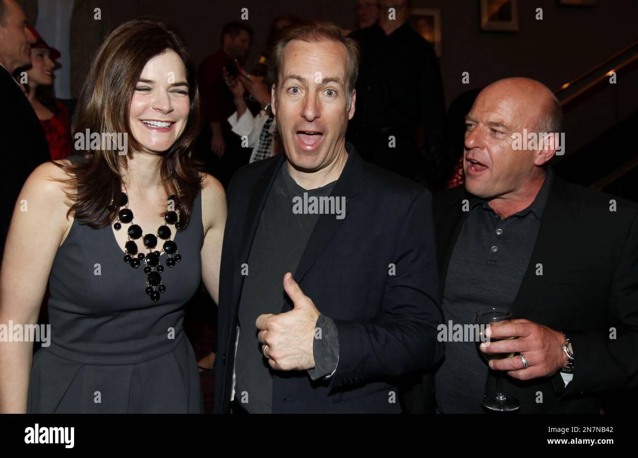 Betsy Brandt, left, Bob Odenkirk, center, and Dean Norris pose together after AMC's Breaking Bad ...