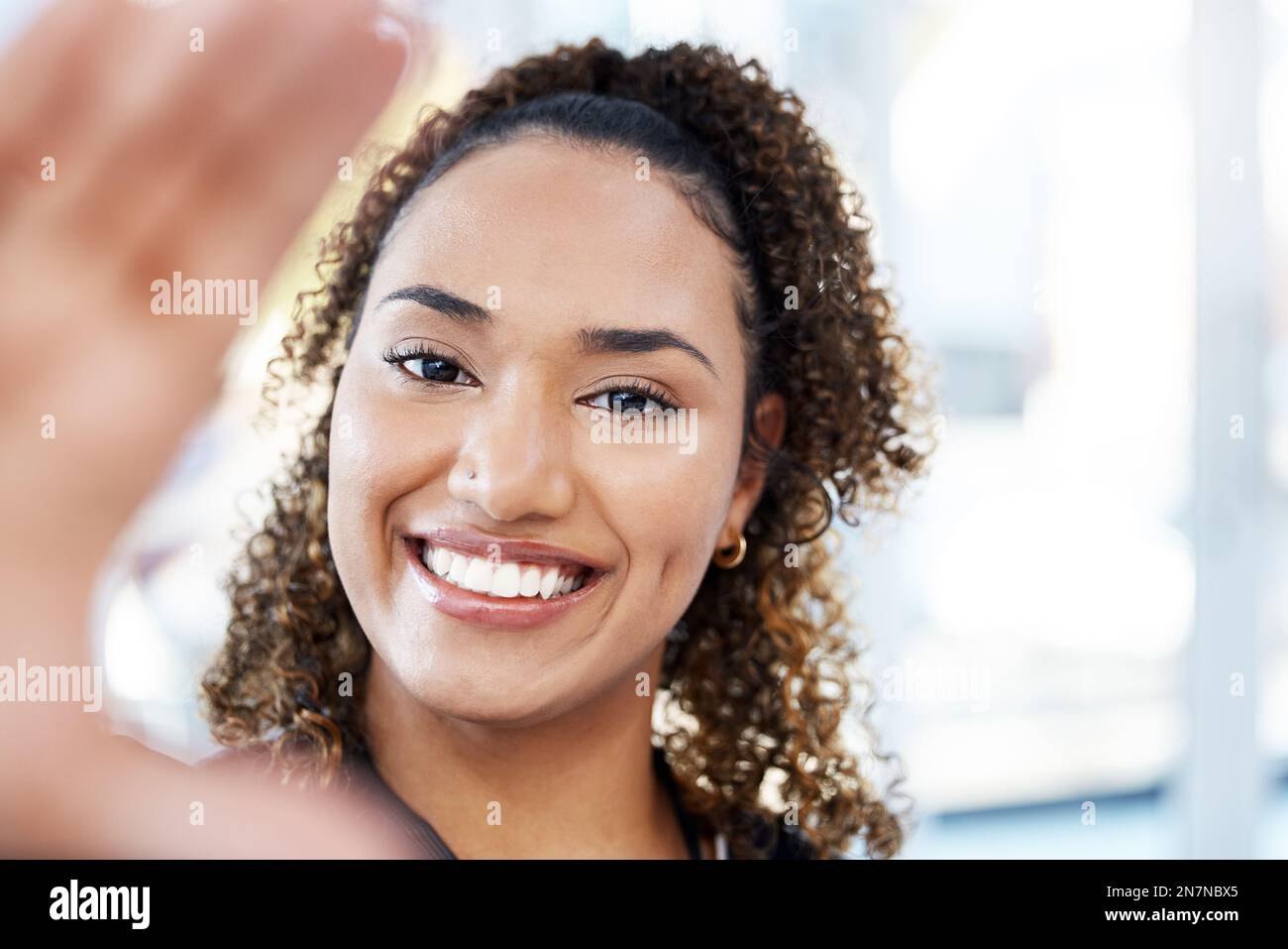 Woman, doctor or portrait selfie in hospital pov, about us or profile ...