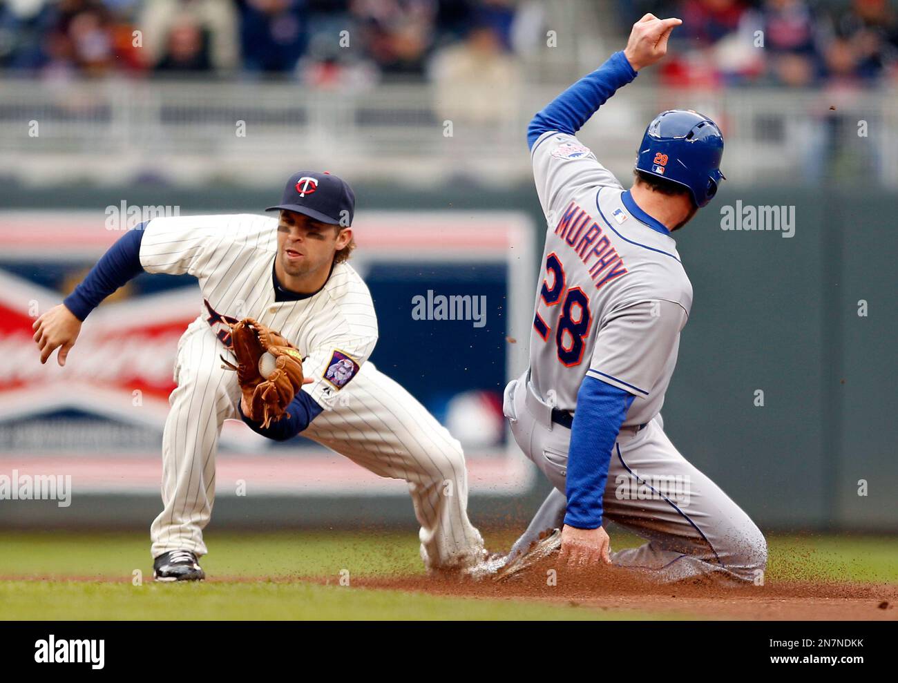 New York Mets' Daniel Murphy (28) steals second base as Minnesota Twins ...