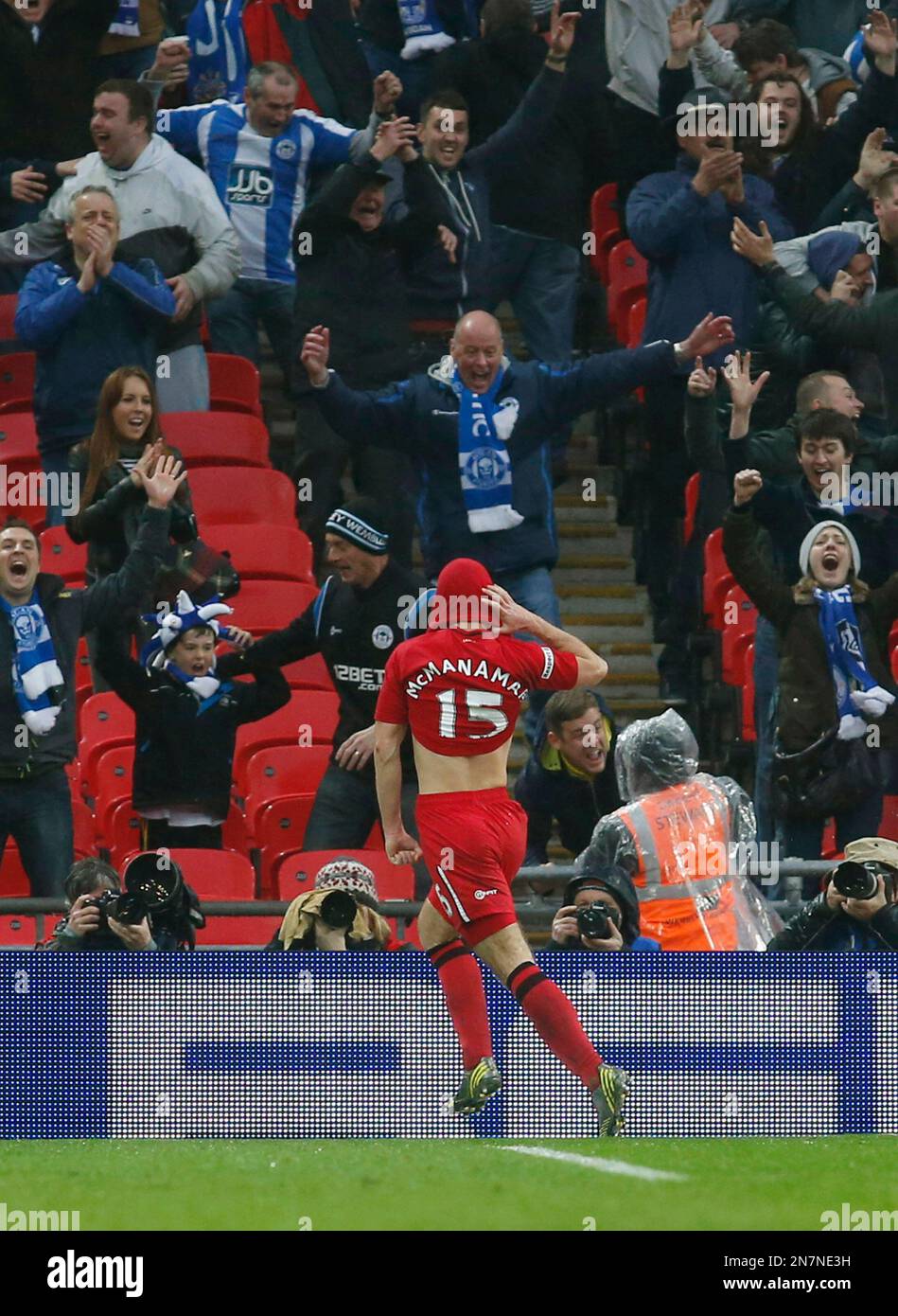 Wigan Athletic's Callum McManaman celebrates his goal against Millwall ...