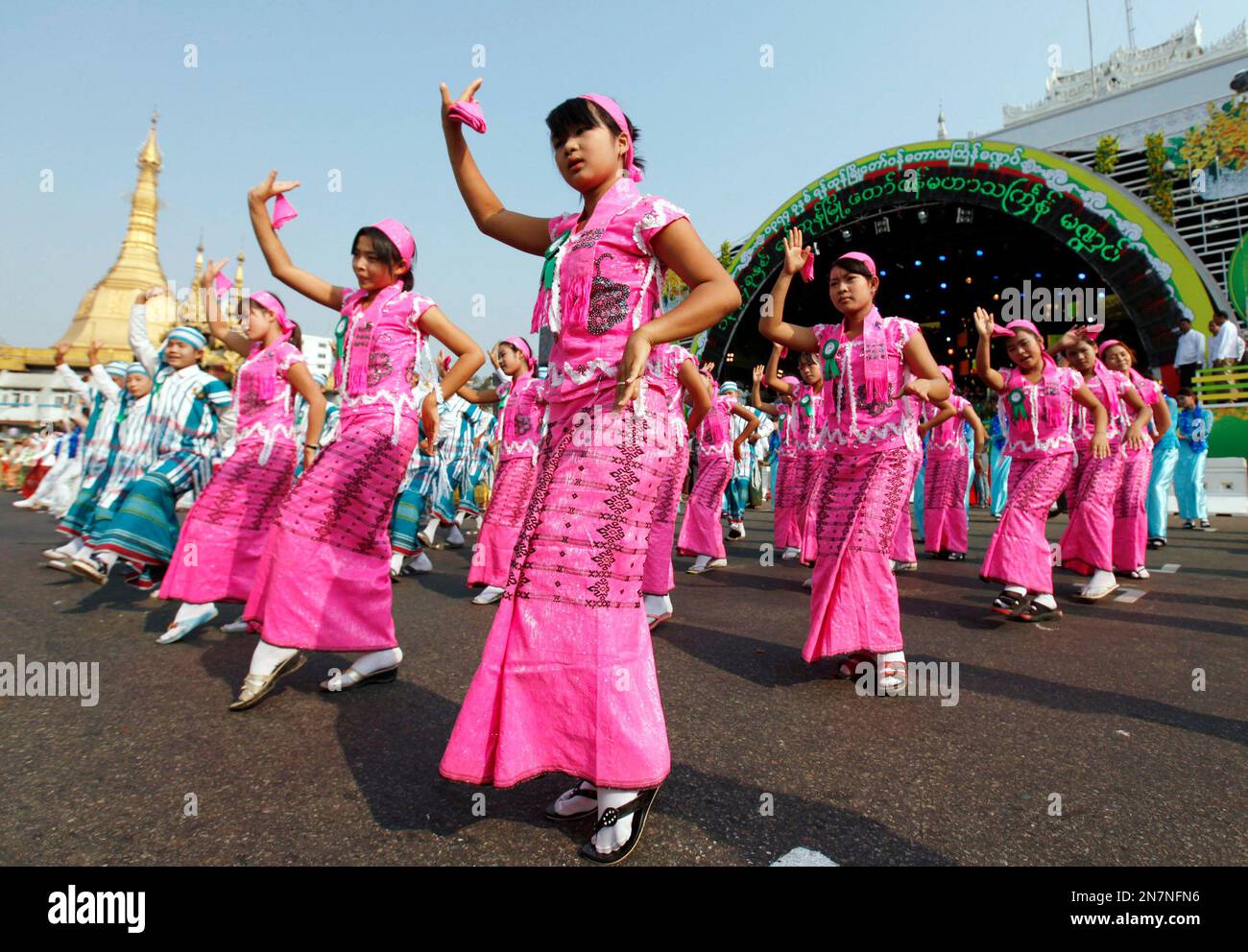 A Myanmar dance troupe performs in the traditional Thingyan celebrations in Yangon, Myanmar ...