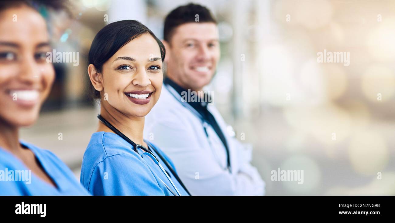 Doctor, team and portrait smile on mockup for healthcare, help advise ...