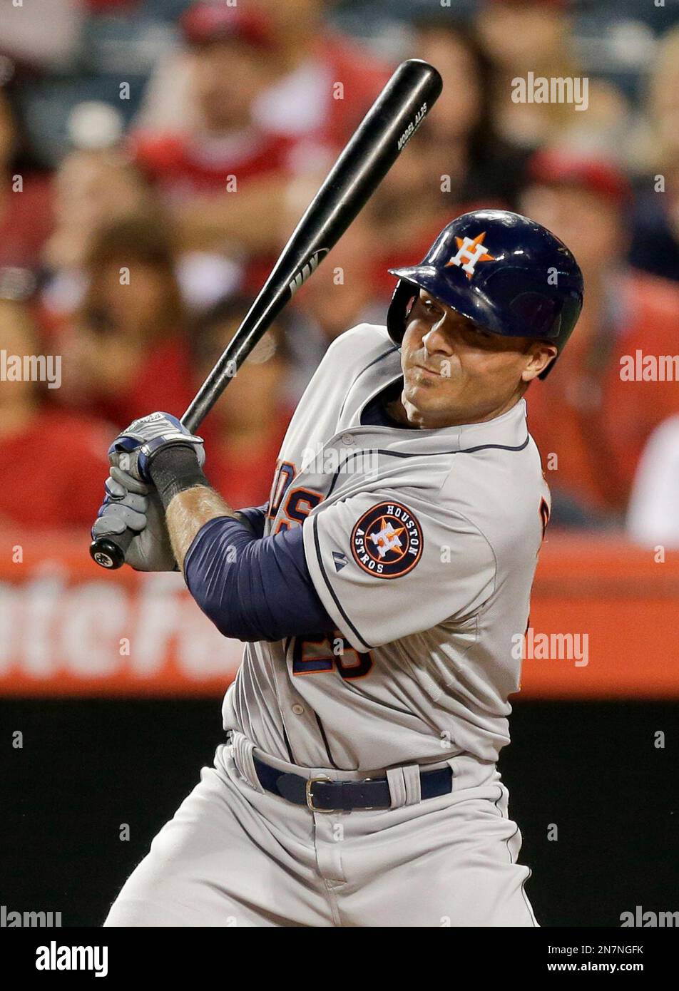 Houston Astros' Rick Ankiel hits a two-RBI single against the Los ...