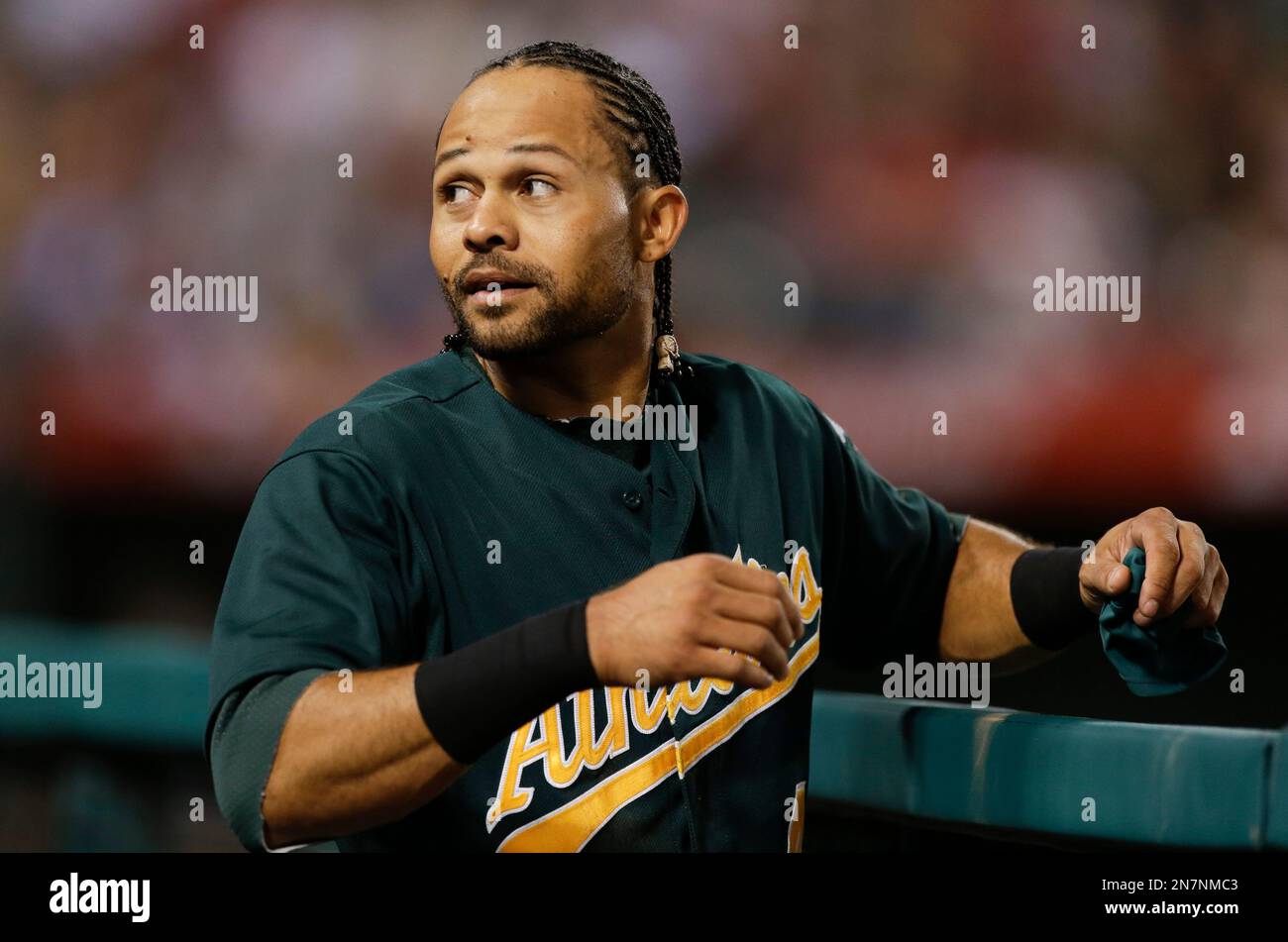 Oakland Athletics center fielder Coco Crisp looks out from the dugout a ...