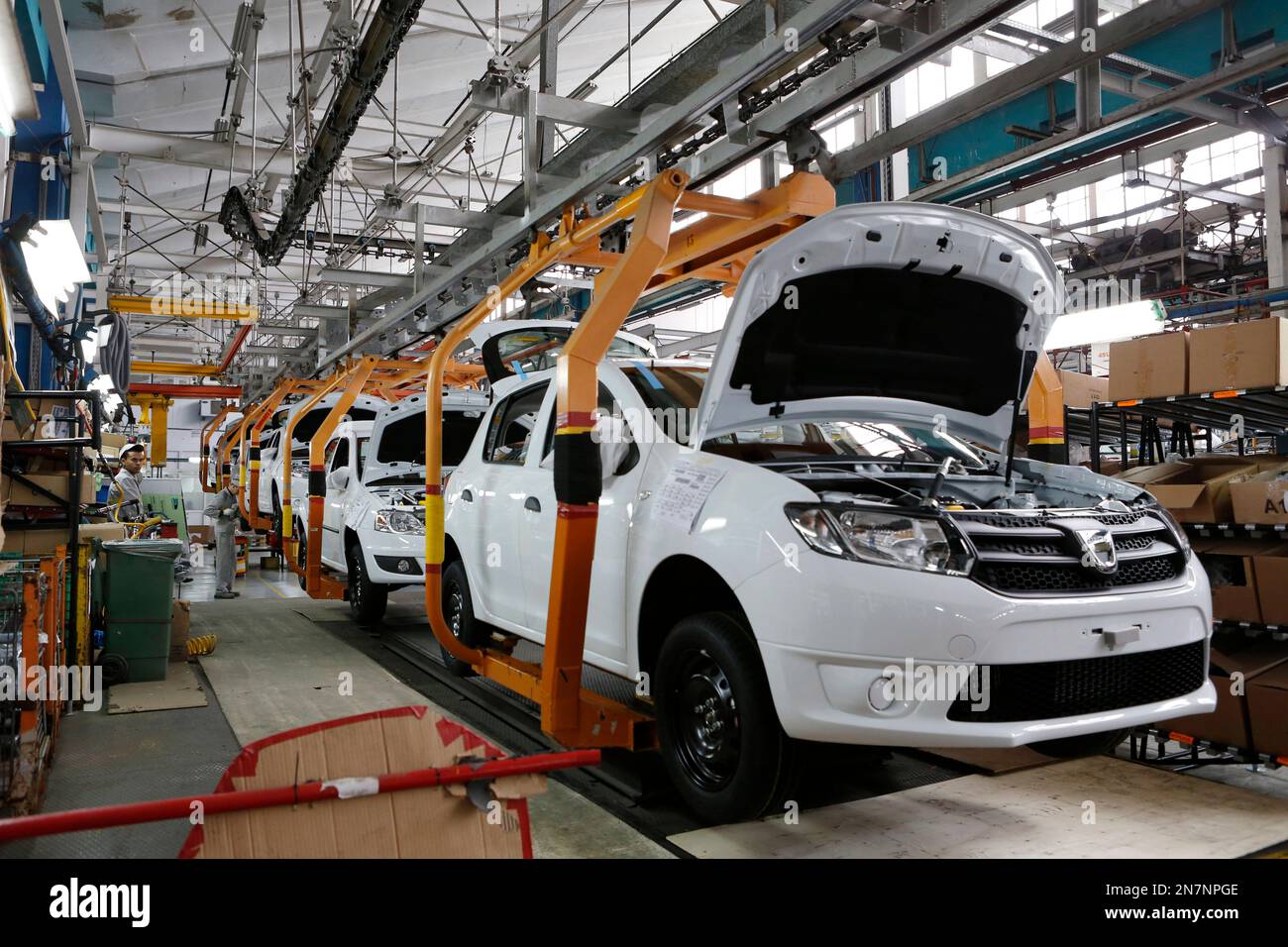 Workers at the assembly line of the new Dacia Sandero car at the Somaca ...
