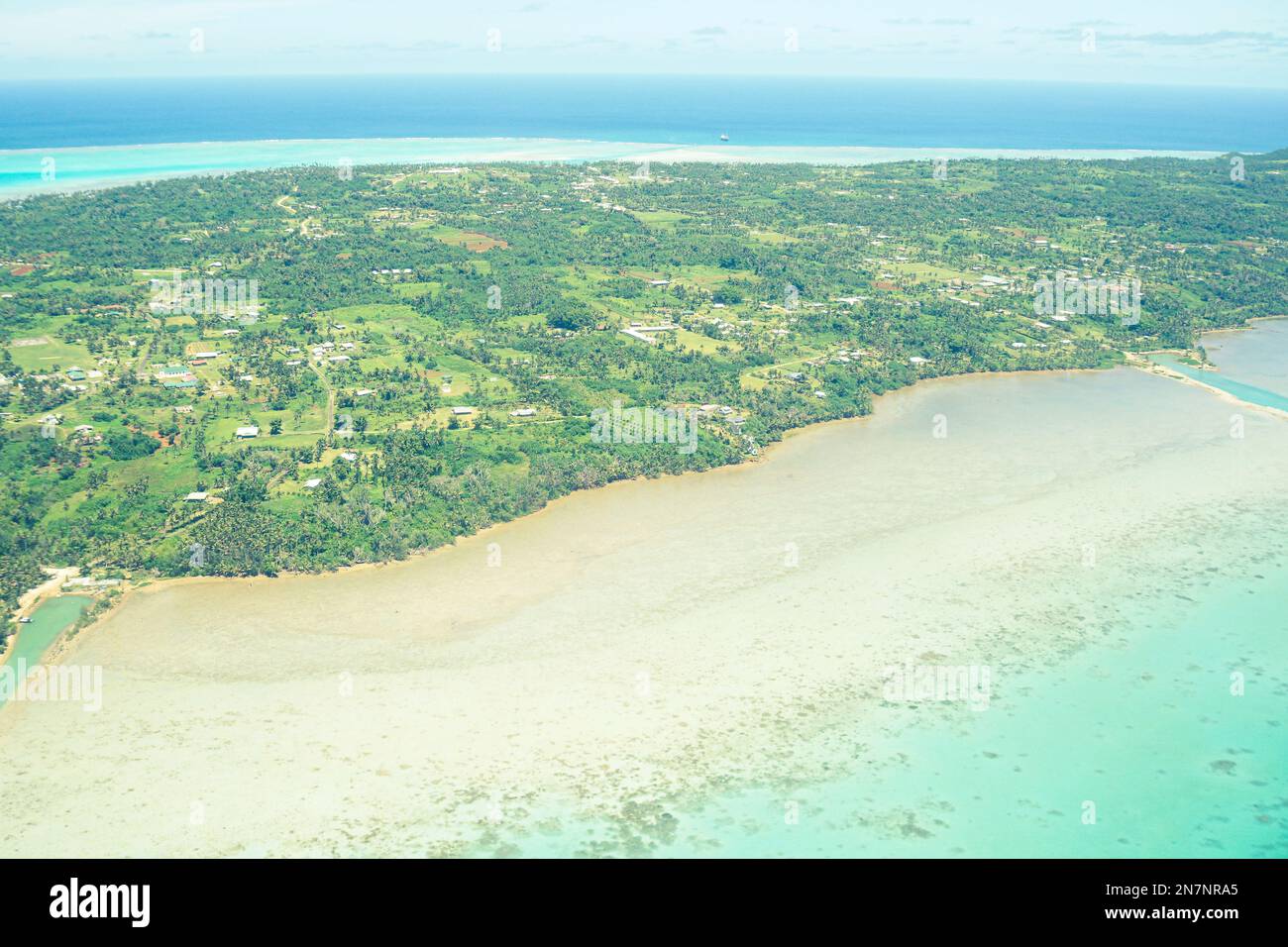 Aerial image from plane of Aitutaki Atoll below in Cook Islands in ...
