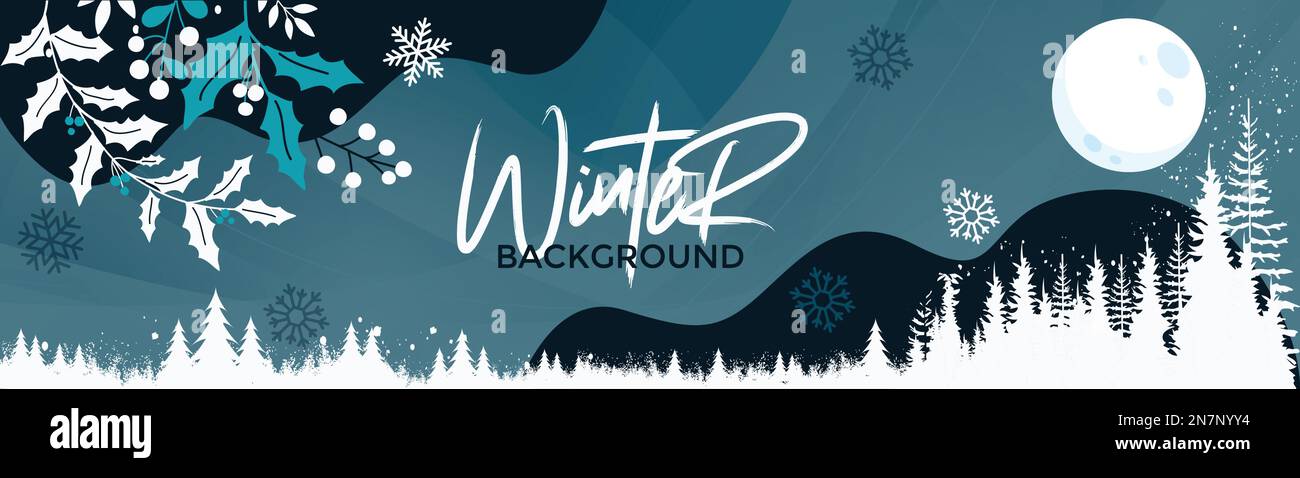 Winter background banner. Flat winter landscape. Snowy night dark ...