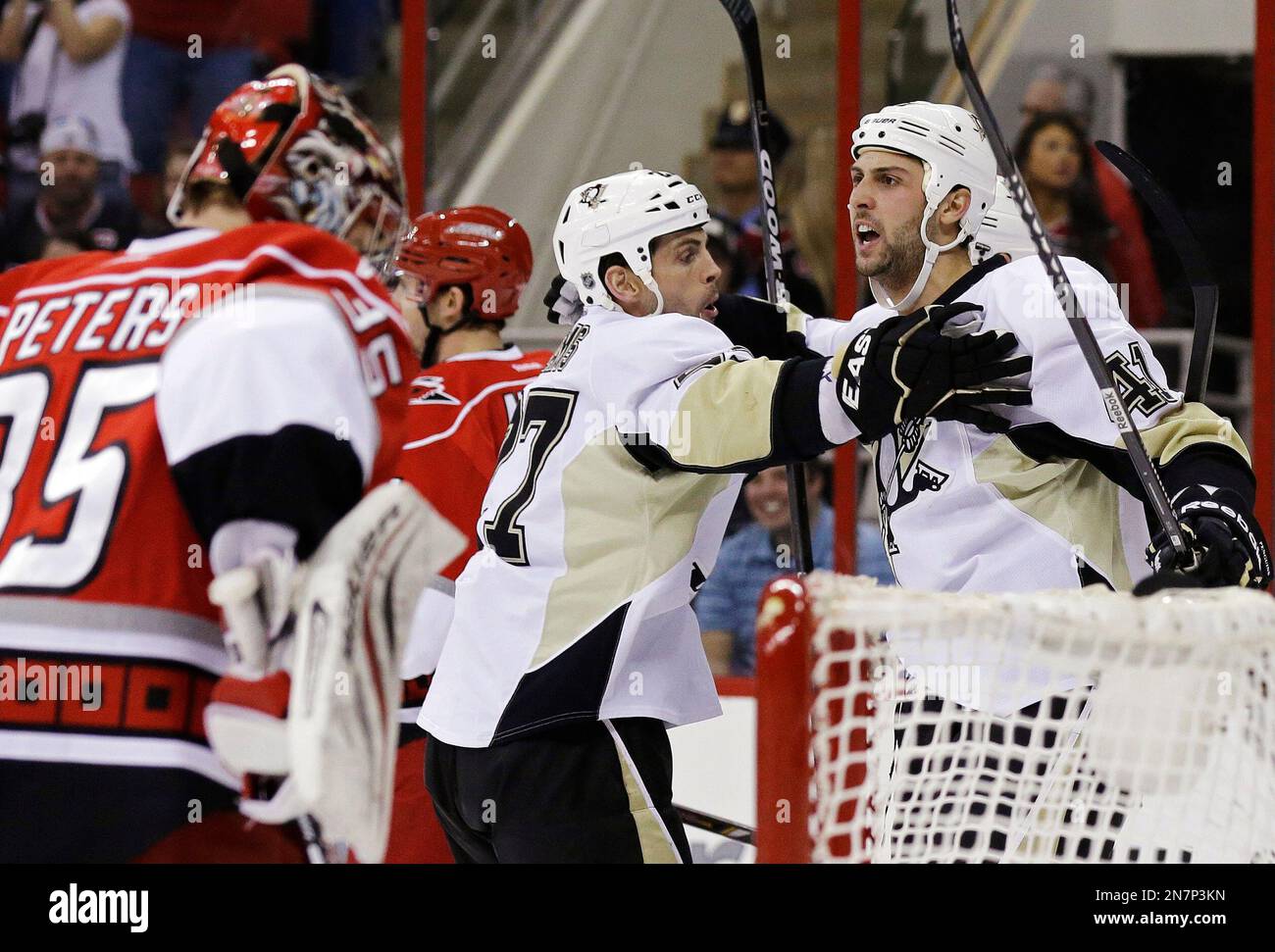 Pittsburgh Penguins' Robert Bortuzzo, right, and Craig Adams celebrate ...