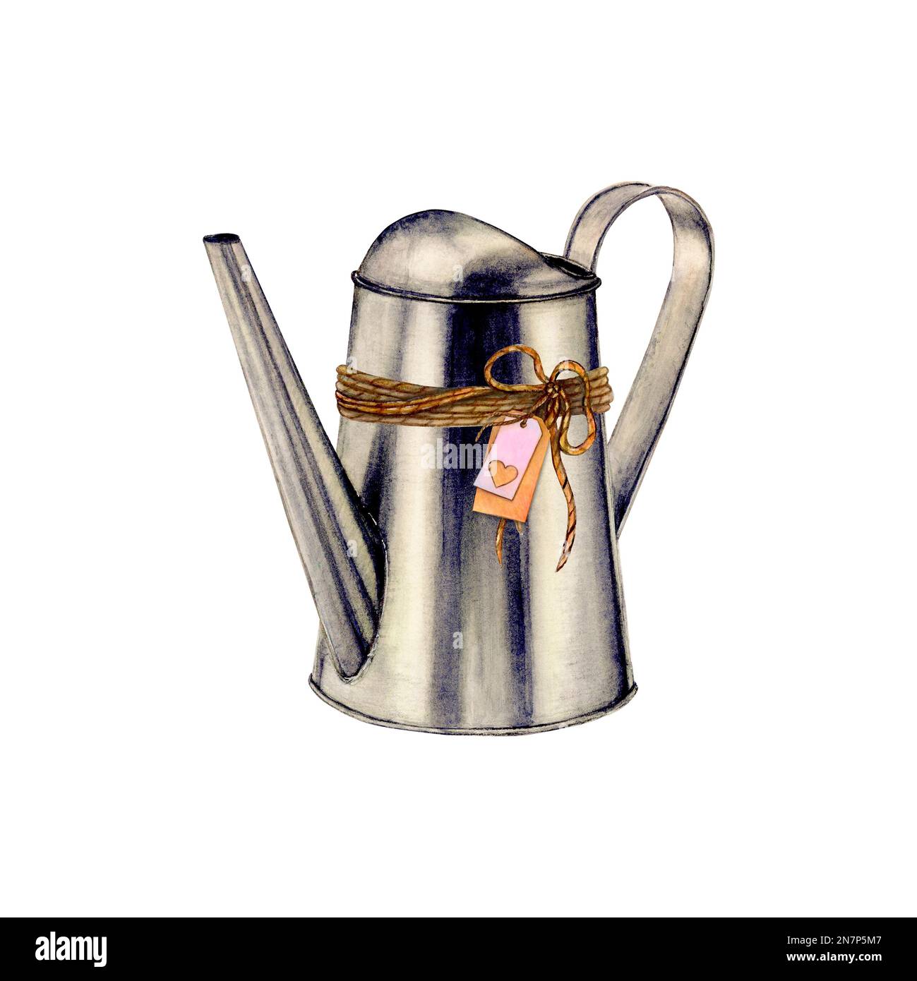 Watercolor hand drawing of a metal watering can, highlighted on a white ...