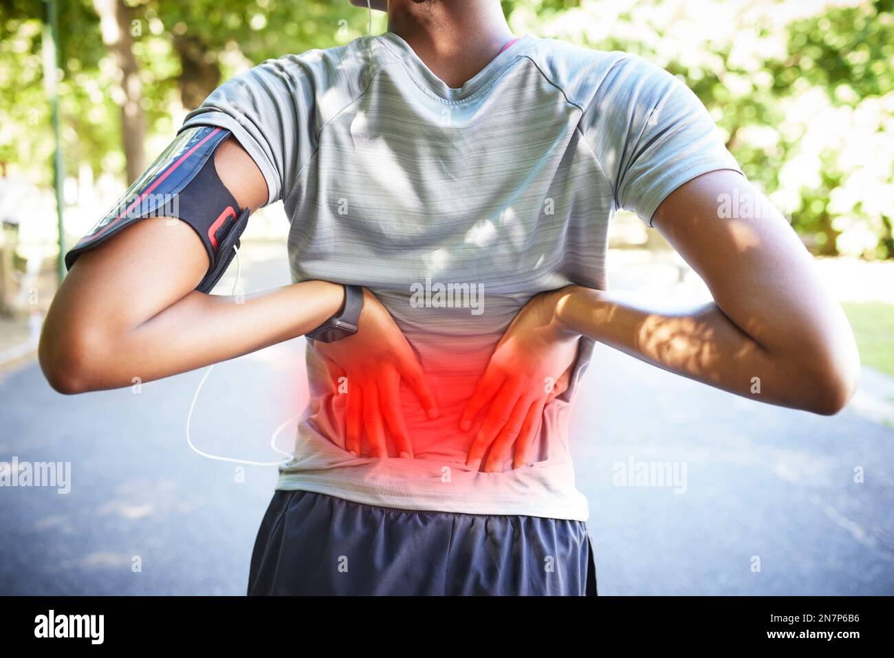 Red back pain, fitness and woman outdoor in park for exercise injury ...