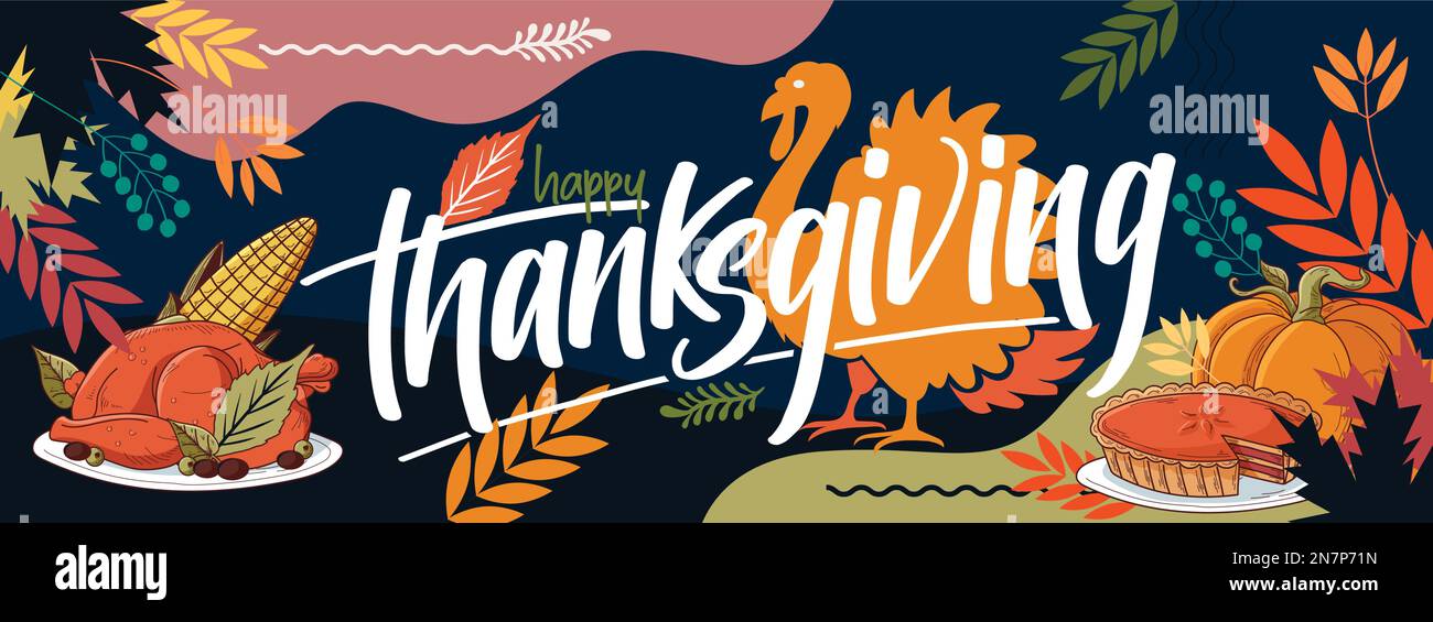 happy thanksgiving banner design typography, turkey bird, leaves dark ...