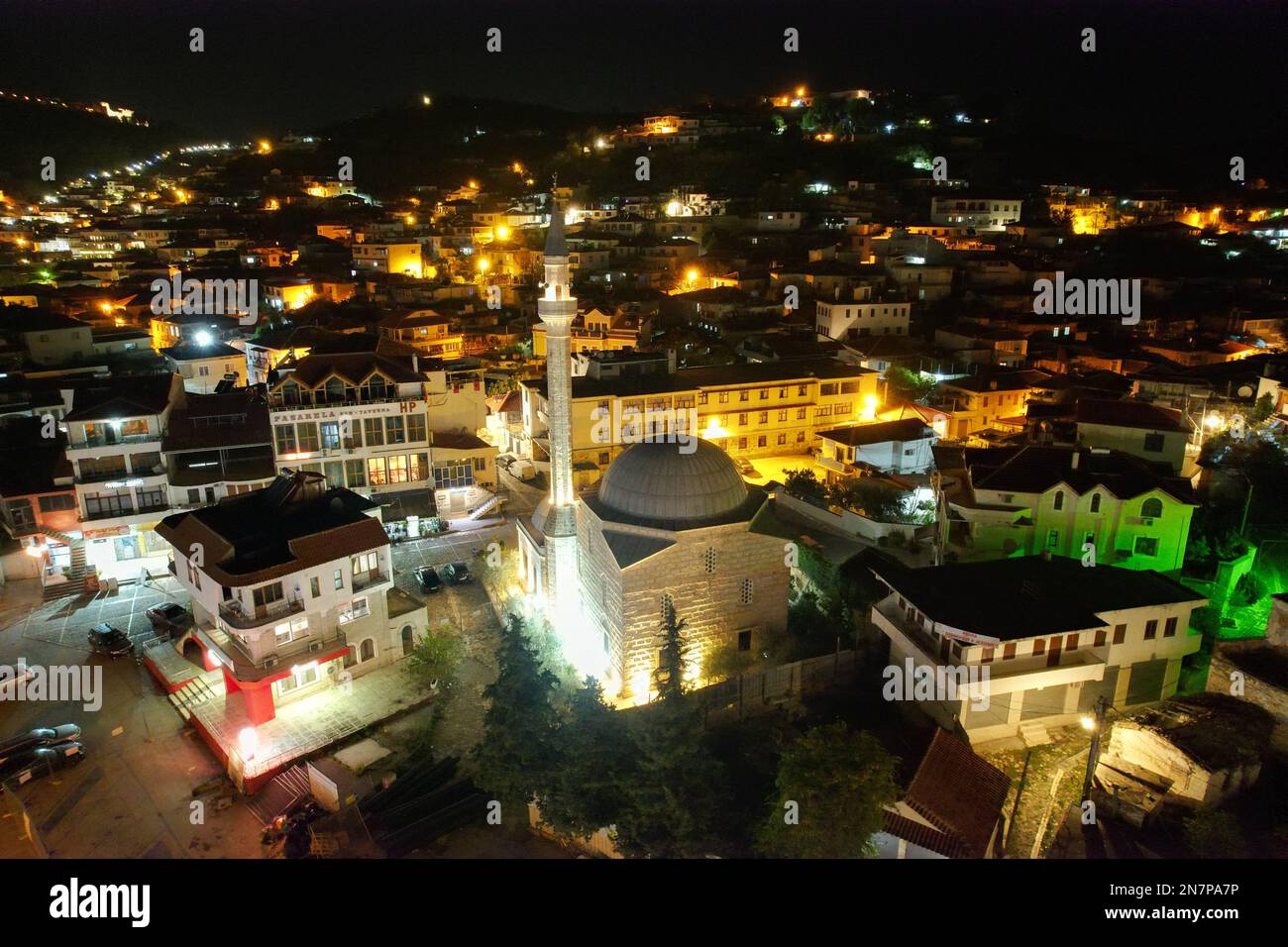 An aerial view of Mosque of Ahmed Bey Usgurli in Berat, Albania at ...