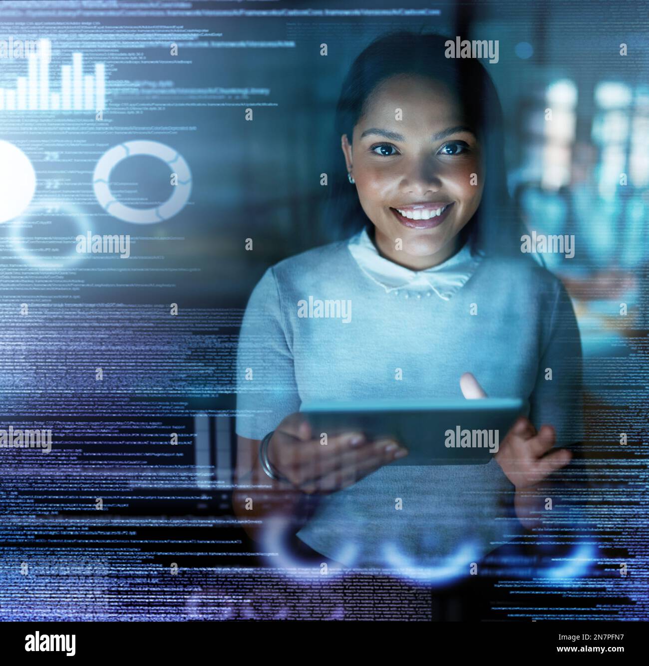 Futuristic overlay, tablet and portrait of woman with smile for website ...