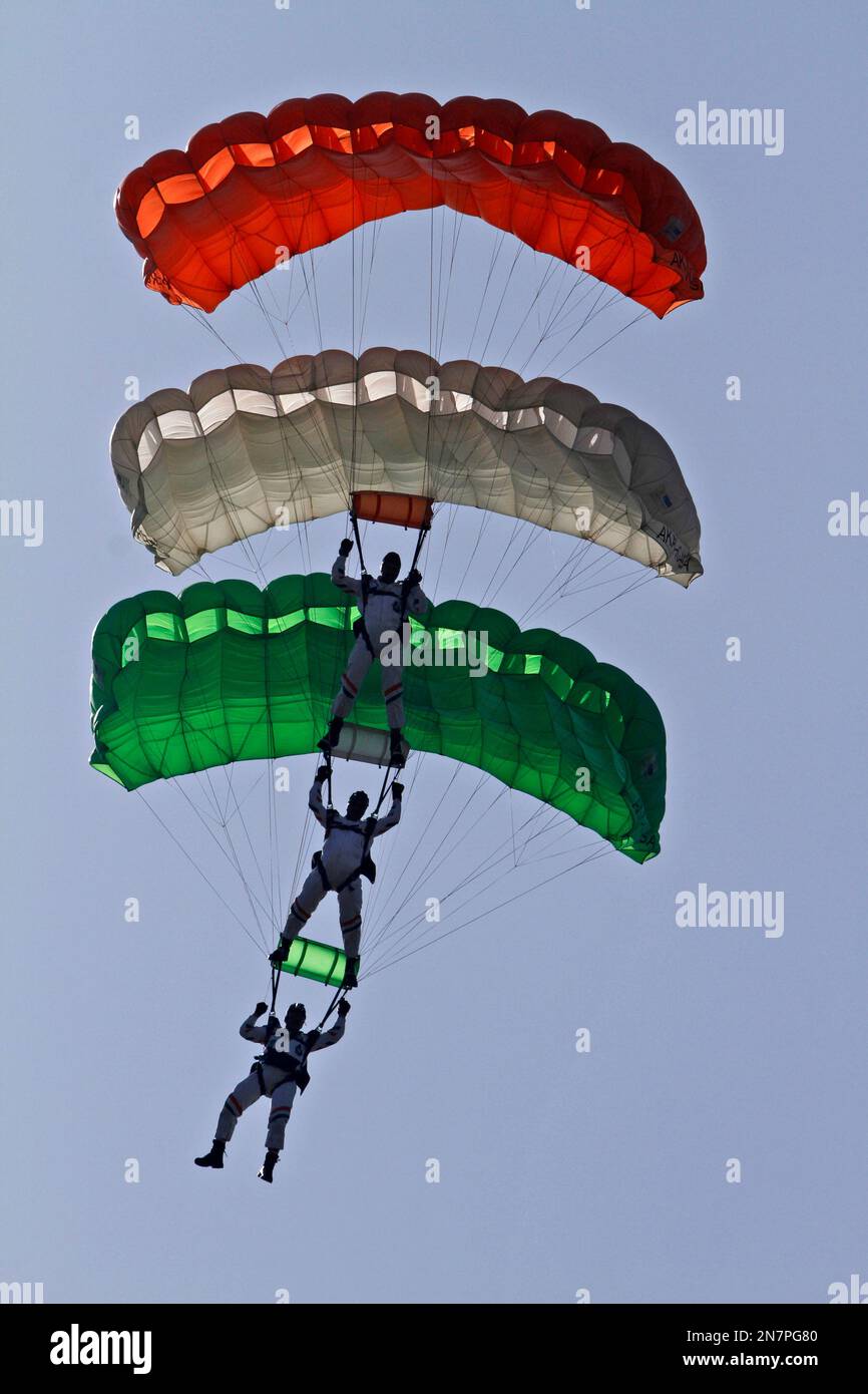 Indian Air Force (IAF) Akash Ganga team perform sky diving depicting ...