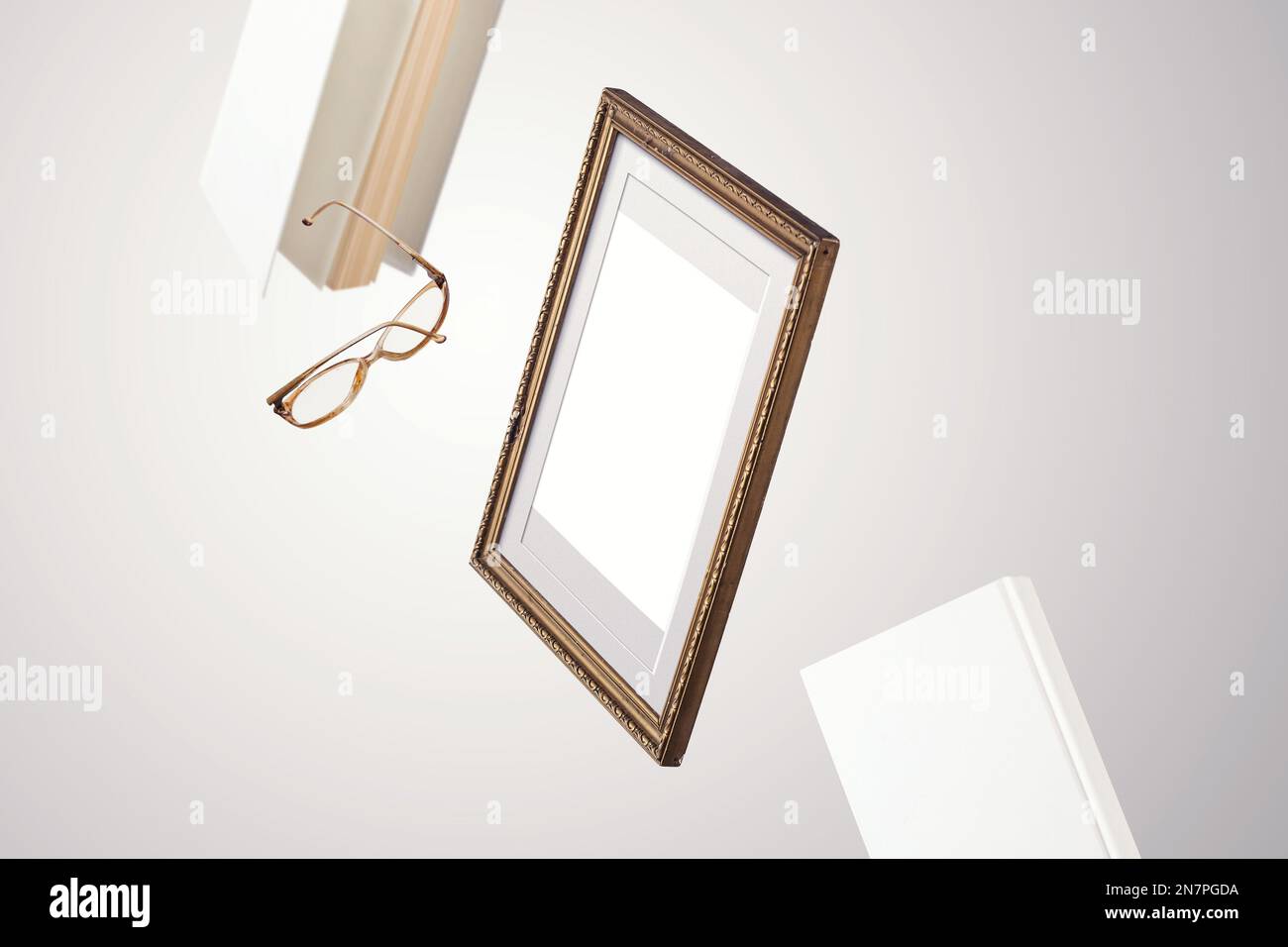 flying frames on the air, with equipments and objects mockup Stock ...