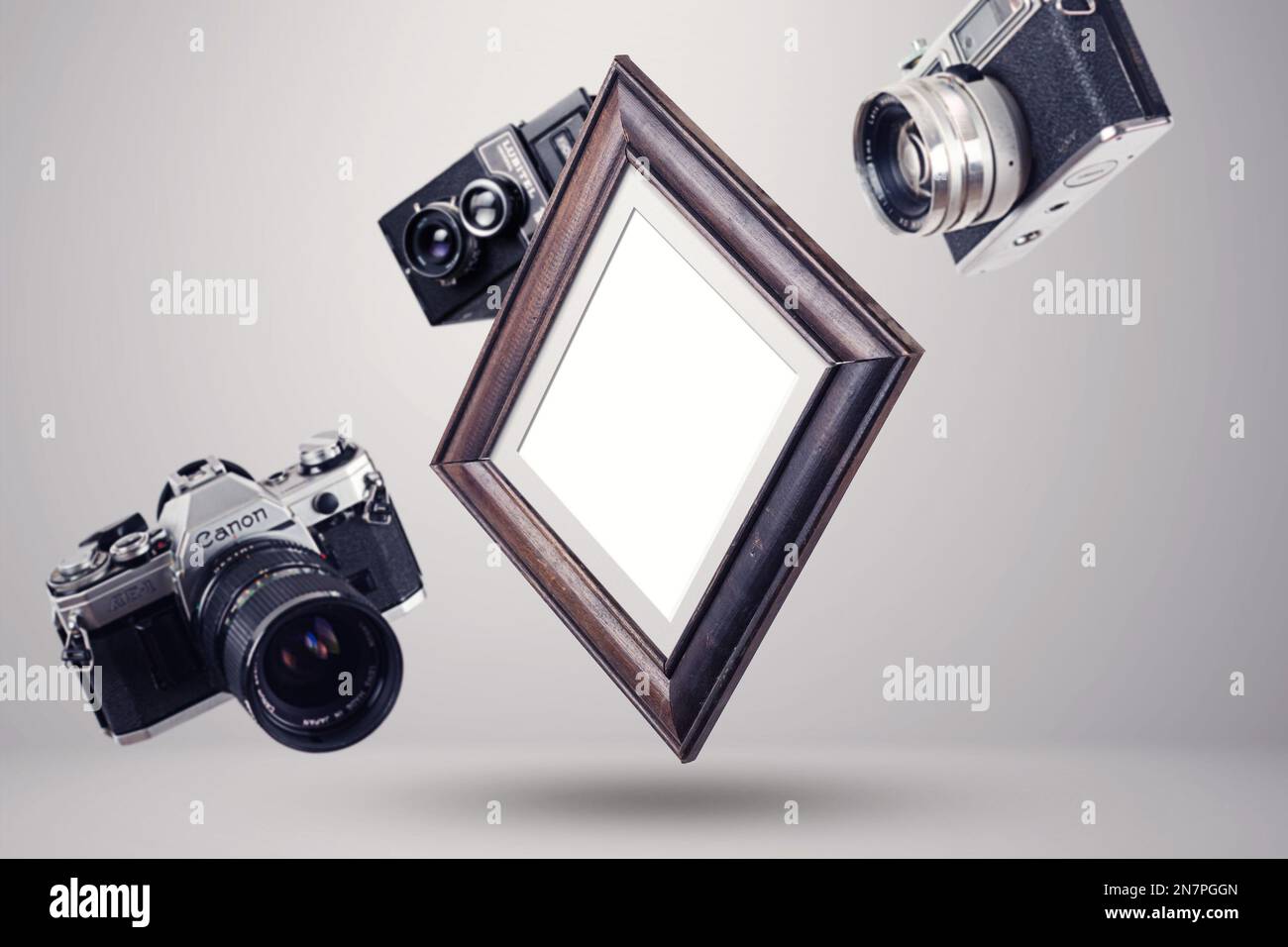 flying frames on the air, with equipments and objects mockup Stock ...