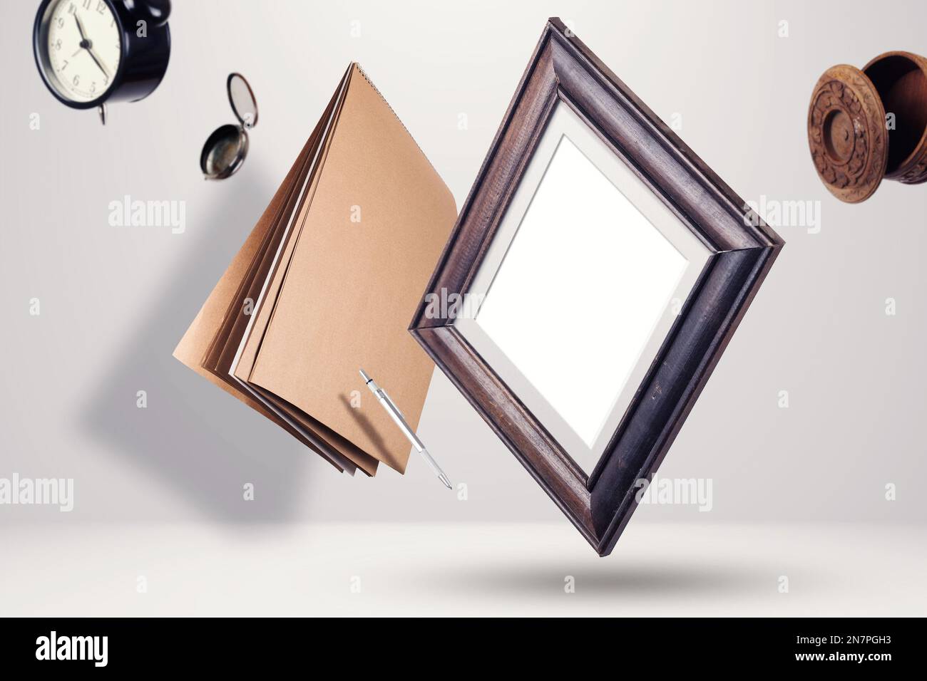 flying frames on the air, with equipments and objects mockup Stock ...