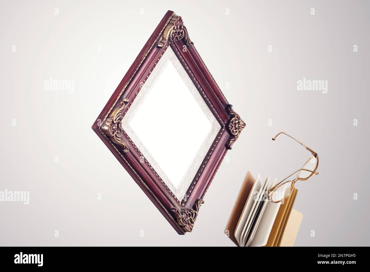 flying frames on the air, with equipments and objects mockup Stock Photo - Alamy