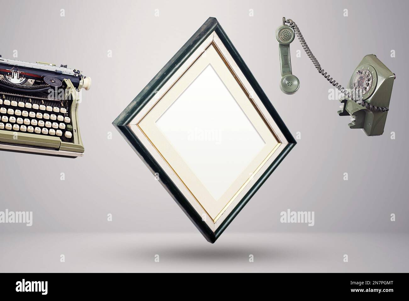 flying frames on the air, with equipments and objects mockup Stock ...