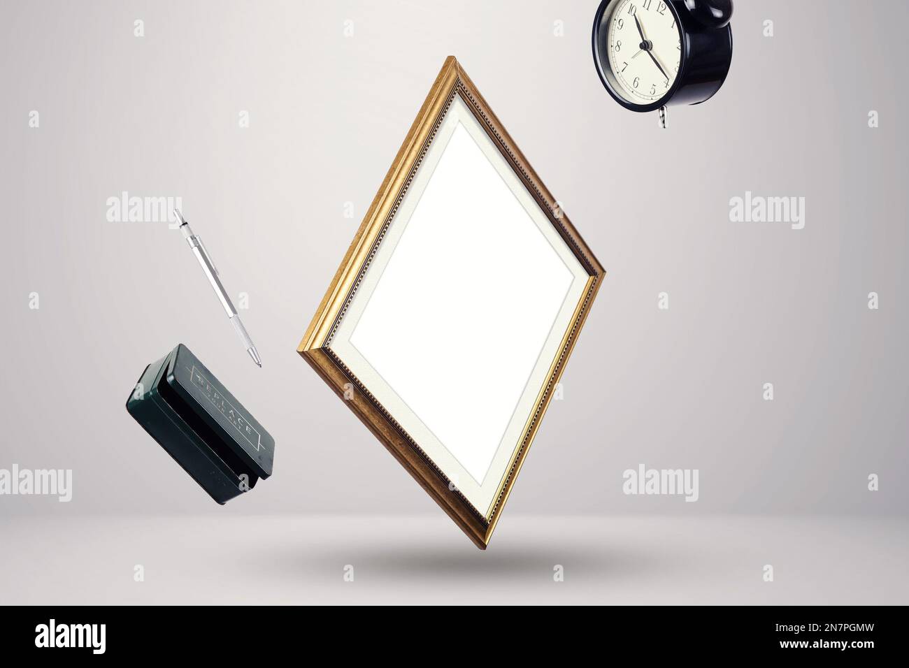 flying frames on the air, with equipments and objects mockup Stock ...