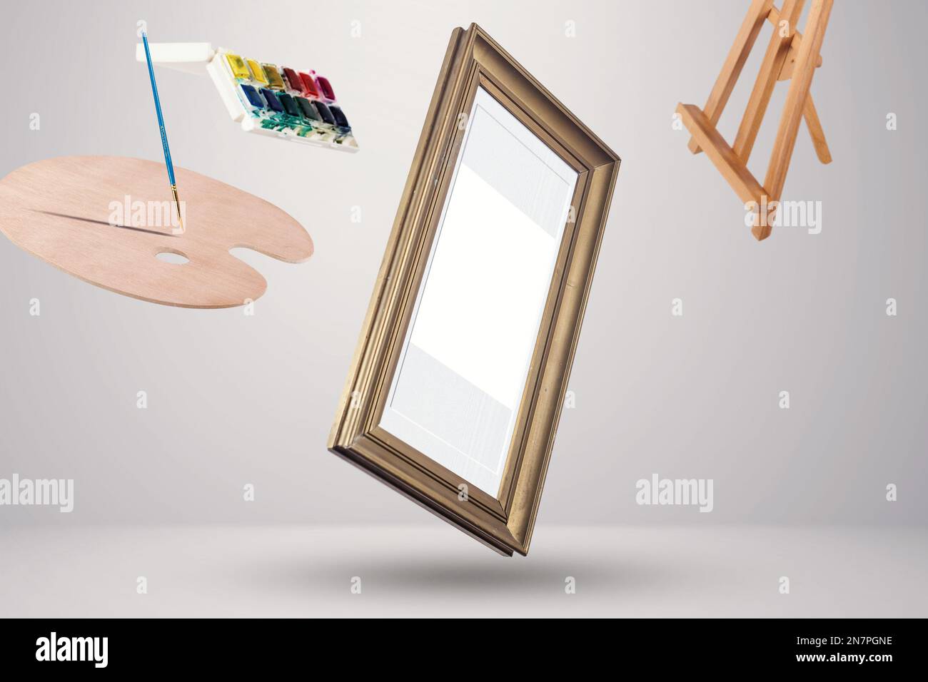 flying frames on the air, with equipments and objects mockup Stock ...